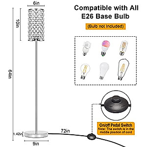 Crystal Floor Lamp, Modern Standing Lamp with Elegant Shade, LED Floor Lamp with On/Off Foot Switch, Silver Finish Tall Pole Lamp Accent Light for Living Room, Girl Bedroom, Dresser, Office (E26 Base)