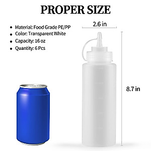 Squeeze Bottles for Sauces,16oz Plastic Bottles with Squeeze Top Set of 6 Refillable Clear Squeeze Bottle with Squirt Nozzle,Leakproof Lid and Measurements for Ketchup, Sauces, Cooking Oil, Syrup