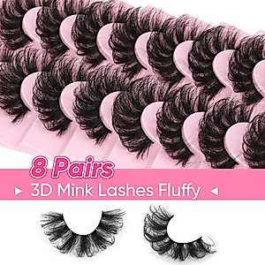 Mink Lashes Fluffy Wispy False Eyelashes 8 Pairs D Curl Faux Mink Lashes that Look Like Extensions Dramatic Long Volume Lashes Pack by Eefofnn