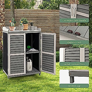 Goplus Outdoor Potting Bench Table, Garden Storage Cabinet w/Metal Tabletop, Roll-up Side Door, Solid Wood Potting Workstation for Garden, Patio, Grey