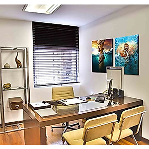 2 Pcs Framed Jesus wall art The Hand of God Jesus Reaching Into Water Christ Religion Canvas Wall Decor Blue Ocean Bible Pictures Posters Prints Paintings for Living Room Bedroom Church Decorations Ready to Hang