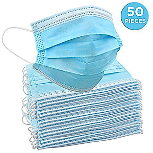 WAVE Essentials Blue Disposable Face Masks | Indoor/Outdoor Protective Nose & Mouth Coverings with 3-Layer Safety Shield, Elastic Ear Loops & Comfortable Universal Design for Adults & Kids | Bulk Pack of 50