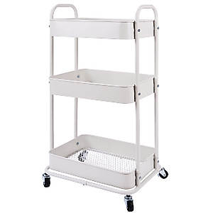 YOHKOH 3-Tier Metal Rolling Utility Cart, Storage Trolley Cart with Mesh Baskets and Lockable Wheels for Bathroom Kitchen Office(White)