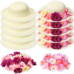 Mepase 70 Pcs DIY Straw Hat with Flower Girls Tea Party Straw Hat 10 Straw Hat 60 Airtificial Flower Cowboy Kids Dress Up Hat (Colorful,Small (Age 2-5))