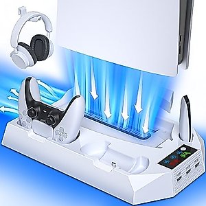 DBEPANK Stand and Cooling Station with Dual Controller Charging Station for PS5 Vertical Stand with Headset Holder for PS5 Accessories for Playstation 5 Console Cooling Fan Stand White