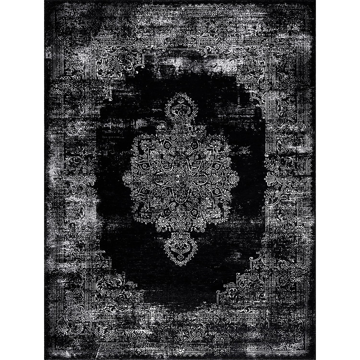 CAMILSON Machine Washable Area Rugs with Non Slip Backing for Living Room Bedroom, Distressed Vintage Washable Rug 5x7, Stain and Water Resistant, Bohemian Indoor Carpet (5 x 7, Black White)