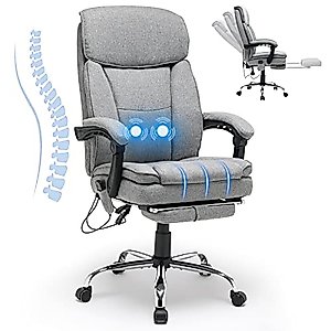 HOMREST Reclining Chair with Massage, Ergonomic Office Breathable Fabric Executive Computer Chair w/Retractable Footrest, High Back Swivel Recliner for Office Home Study
