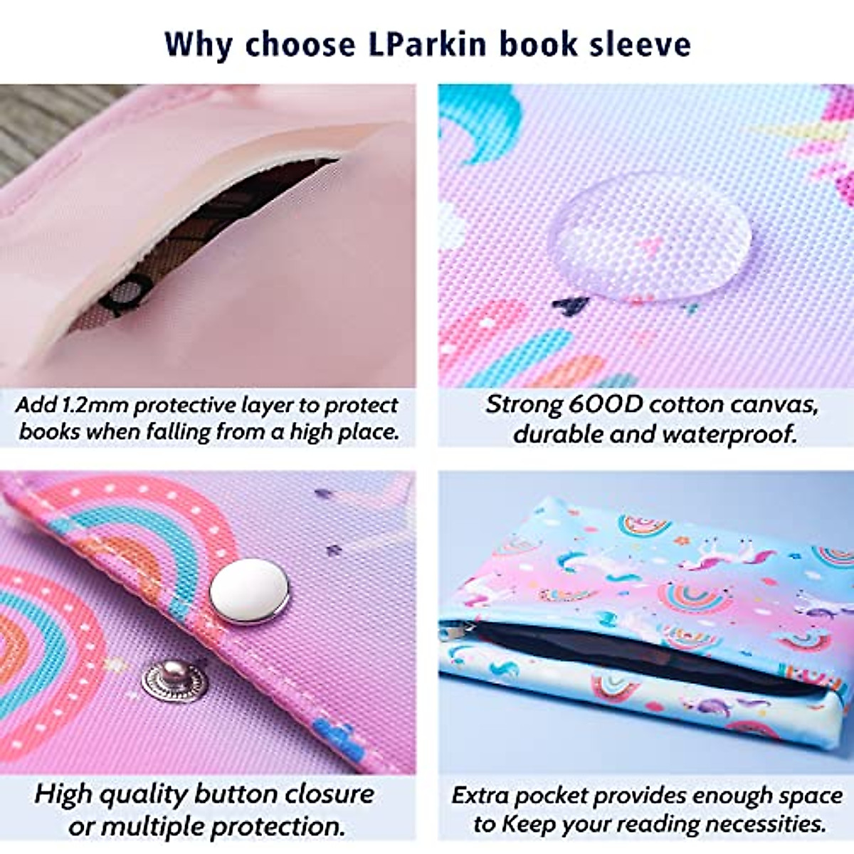 Unicorn Rainbow Book Sleeve with Zipper and Back Pocket, Book Covers for Paperback with Padded, 11 x 9 Inch, Unicorn Gifts for Girls