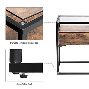 VASAGLE GLATAL Side Table, Nightstand, Tempered Glass End Table, with Drawer and Shelf, Decoration in Living Room, Stable Steel Frame, Industrial, Hazelnut Brown and Black ULET004G01