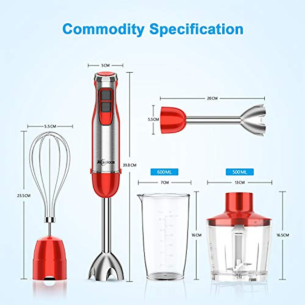 Makoloce Hand Blender 800W 12-Speed 5-in-1 Immersion Blender Handheld Stick Blender Stainless Steel With Whisk, Milk Frother, Chopper, Grinder Bowl & Measuring Cup for Smoothie, Baby Food & Sauces Red
