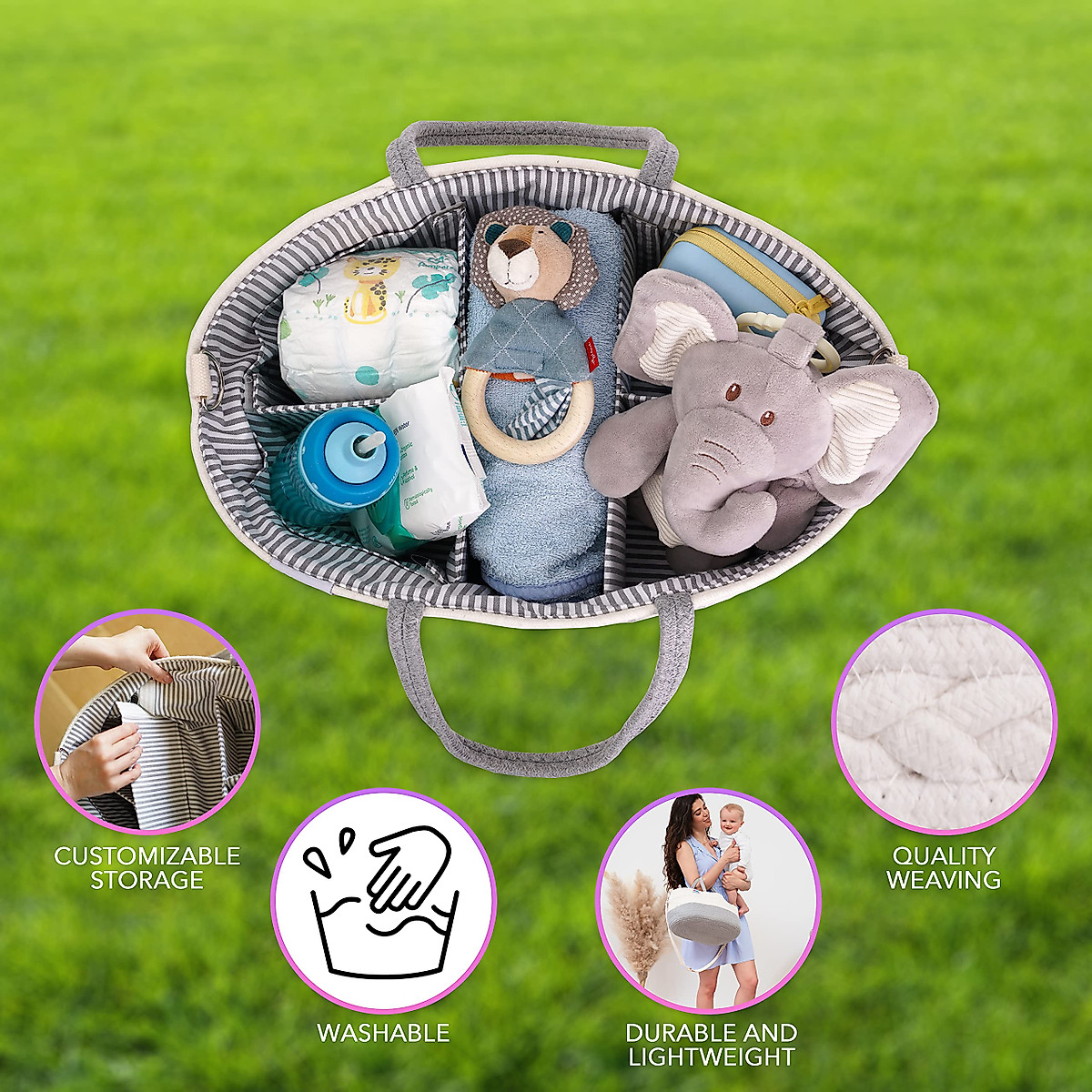 Extra Large Baby Diaper Caddy Organizer - Baby Basket Diaper Storage and Baby Caddy Nursery Organization - Diaper Organizer Changing Table Storage - Portable Rope Diaper Caddy with Baby Storage Basket