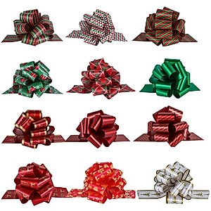 PintreeLand 12PCS Christmas Gift Bows with 12PCS Gift Tags, 5” Xmas Wrap Pull Bows with Ribbon Wrapping Accessory for Present, Florist, Bouquet, Basket Decor, Easy to Assemble
