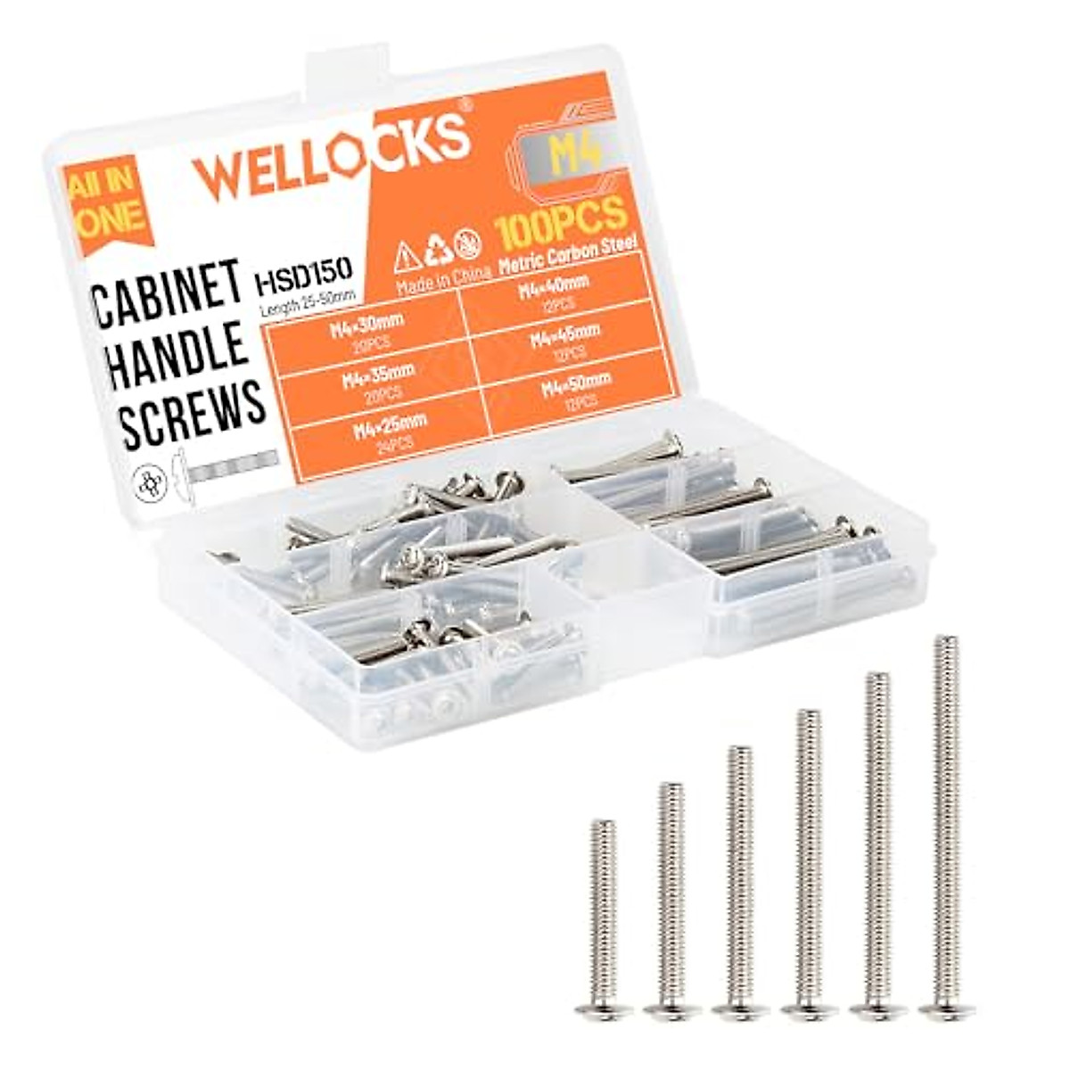 WELLOCKS Cabinet Pulls Knobs Screws M4 25-50mm 96 PCS Assortment Machine Screws Pan Washer Head Metal Phillips Screws Kit for Cabinet Drawer Cupboard Closet Handles Install(D150)