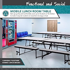 Learniture Mobile Bench Cafeteria Table for Schools and Lunch Rooms, Heavy-Duty Rolling Cafeteria Table with Benches and Casters, Gray/Black