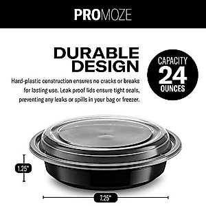 PROMOZE 50-Pack Meal Prep Plastic Microwavable Food Containers Bowls Round containers & Lids (24 OZ.) Black Round Reusable Storage Lunch Boxes -BPA-Free Food Grade -Freezer & Dishwasher Safe -