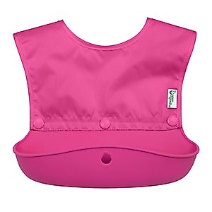 green sprouts Snap & Go Silicone Food-Catcher Bib, Soft, Waterproof Top + Scoop, Roll Up for Easy Travel, Made Without PVC, Formaldehyde, AZO Dyes, Pink, One Size