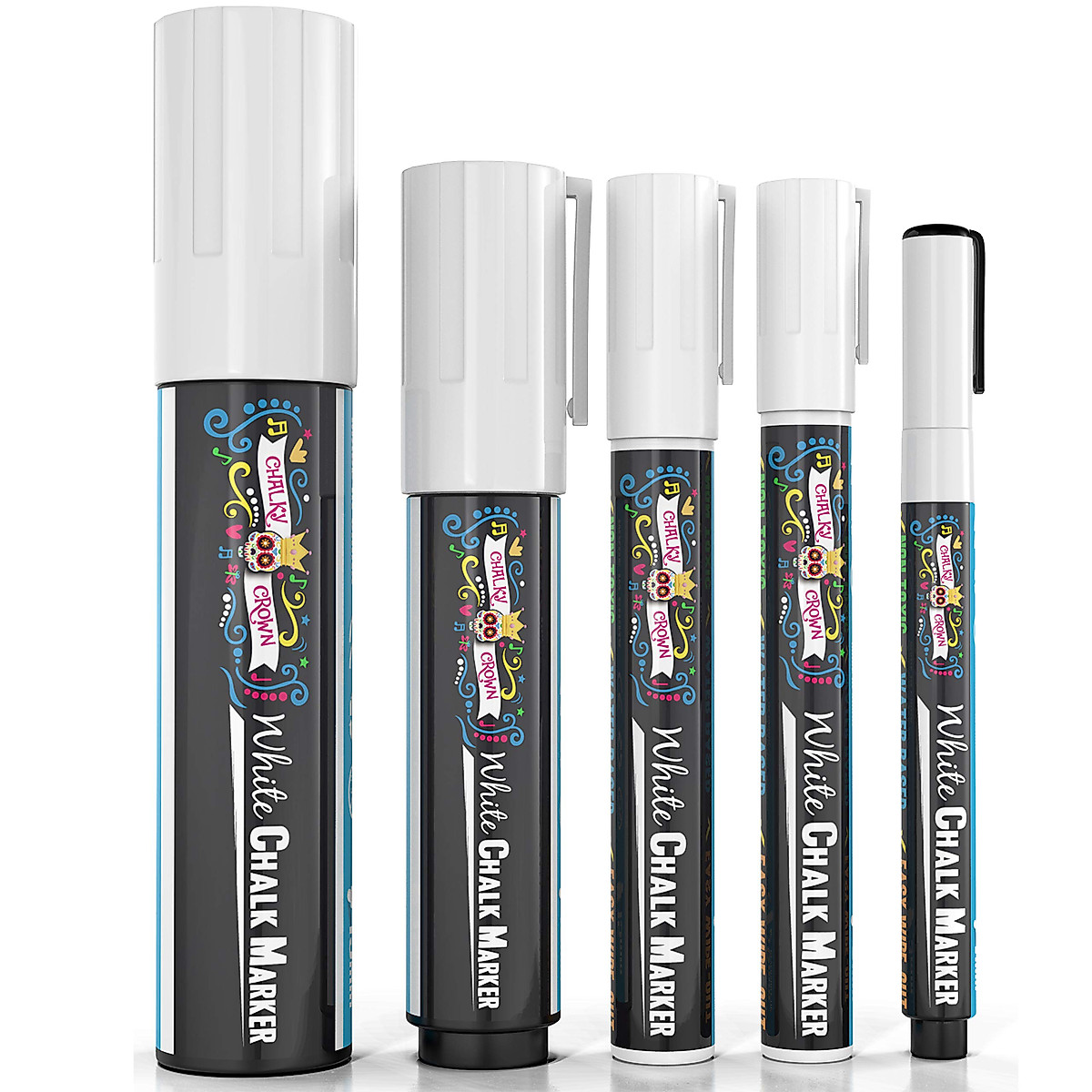CHALKY CROWN 5pc White Chalk Markers - Non-Toxic Liquid Chalkboard Markers, White Liquid Chalk Marker for Windows, Glass - 1, 3, 6, 10, 15mm Tips