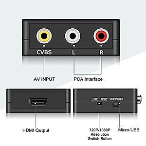 RCA to HDMI Converter, Runbod AV2Hdmi 1080P RCA Composite CVBS AV to HDMI Video Audio Converter Box for PS2 Wii Xbox VHS VCR Camera DVD Players, Support PAL/NTSC with USB Charge Cable (Black)