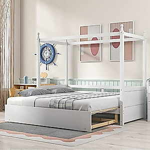 Wooden Canopy Daybed with Trundle Bed, Twin Bed to King Design Sofa Bed, 78.3" L x75.9 W Extendable Bed Daybed for Bedroom Living Room