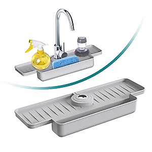 Silicone Faucet Splash Guard Kitchen Sink Splash Guard Upgraded Faucet Water Catcher Tray - 15.75” x 5.5''x2” - Sink Sponge Holder for Kitchen, Bathroom(Grey)