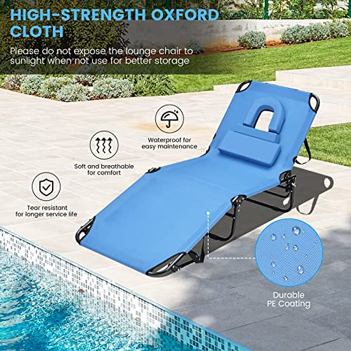 GYMAX Tanning Chair, 350lbs Beach Lounge Chair with Face Hole, Detachable Washable Pillow & Carry Strap, Adjustable Folding Chaise Lounge, Layout Chair for Outside, Patio, Poolside, Lawn (2, Blue)