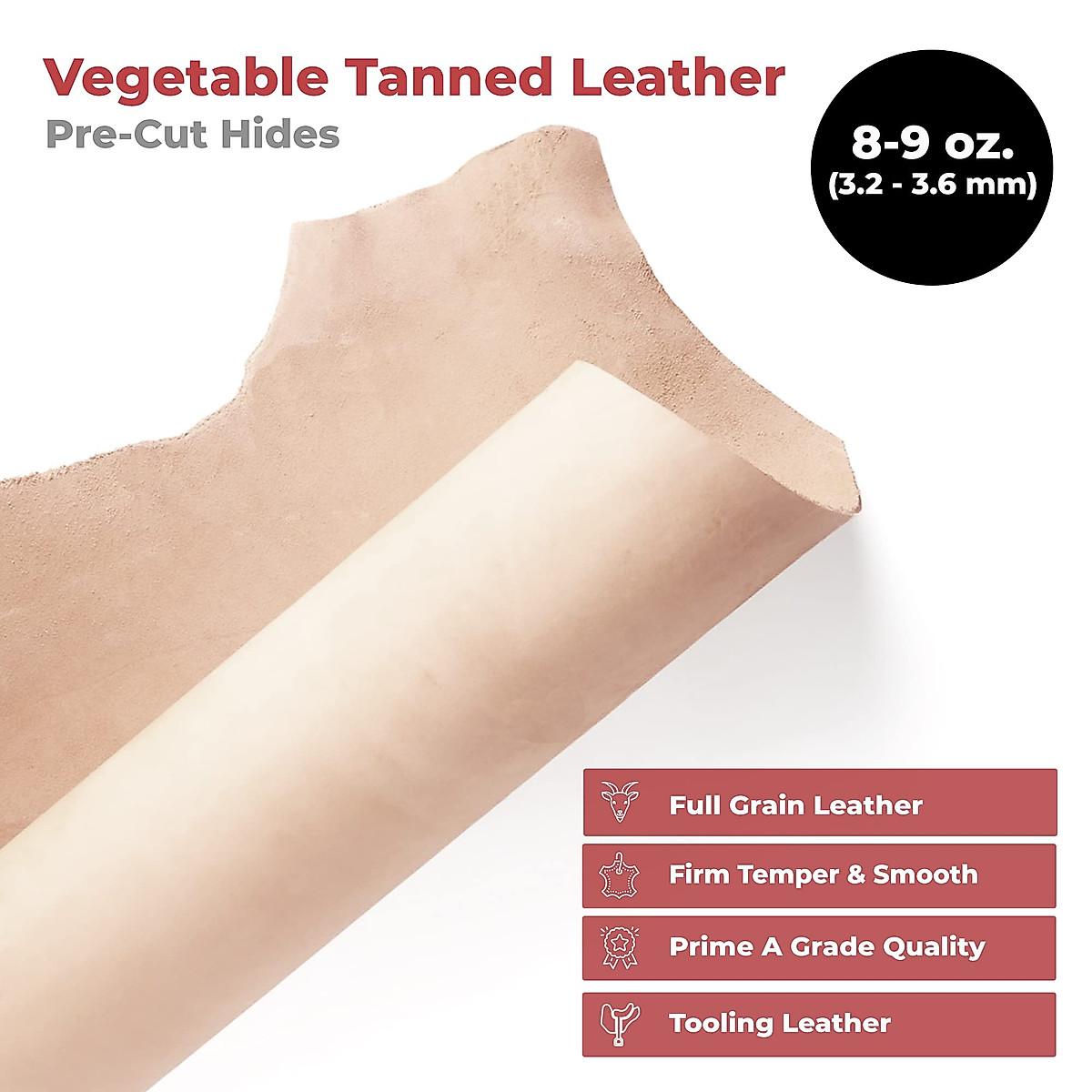 ELW Vegetable Tanned Leather Shoulder Pre-Cut 2.5-4 SQ FT | 8-9 oz. (3.2-3.6mm) Full Grain Leather Cowhide Craft Hobby Workshop Tooling, Repair, Carving, Dyeing, Engraving, Wet Molding