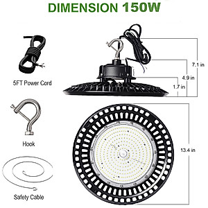 480V 150W UFO LED High Bay Lights, 24000LM, 0-10V Dimmable, 500W HID/HPS Replacement, 5ft Cable, IP65, Hook Mount, Shop Lights, Garage, Factory, Warehouse, Workshop, Area Light
