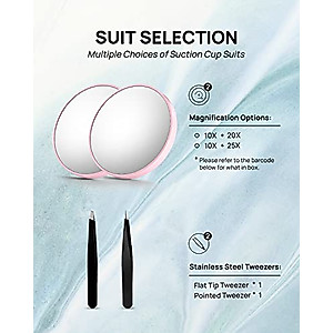 OMIRO 10X & 25X Magnifying Mirrors with Two Eyebrow Tweezers Kits, 3.5" Two Suction Cups Magnifier Set for Travel (Pink)