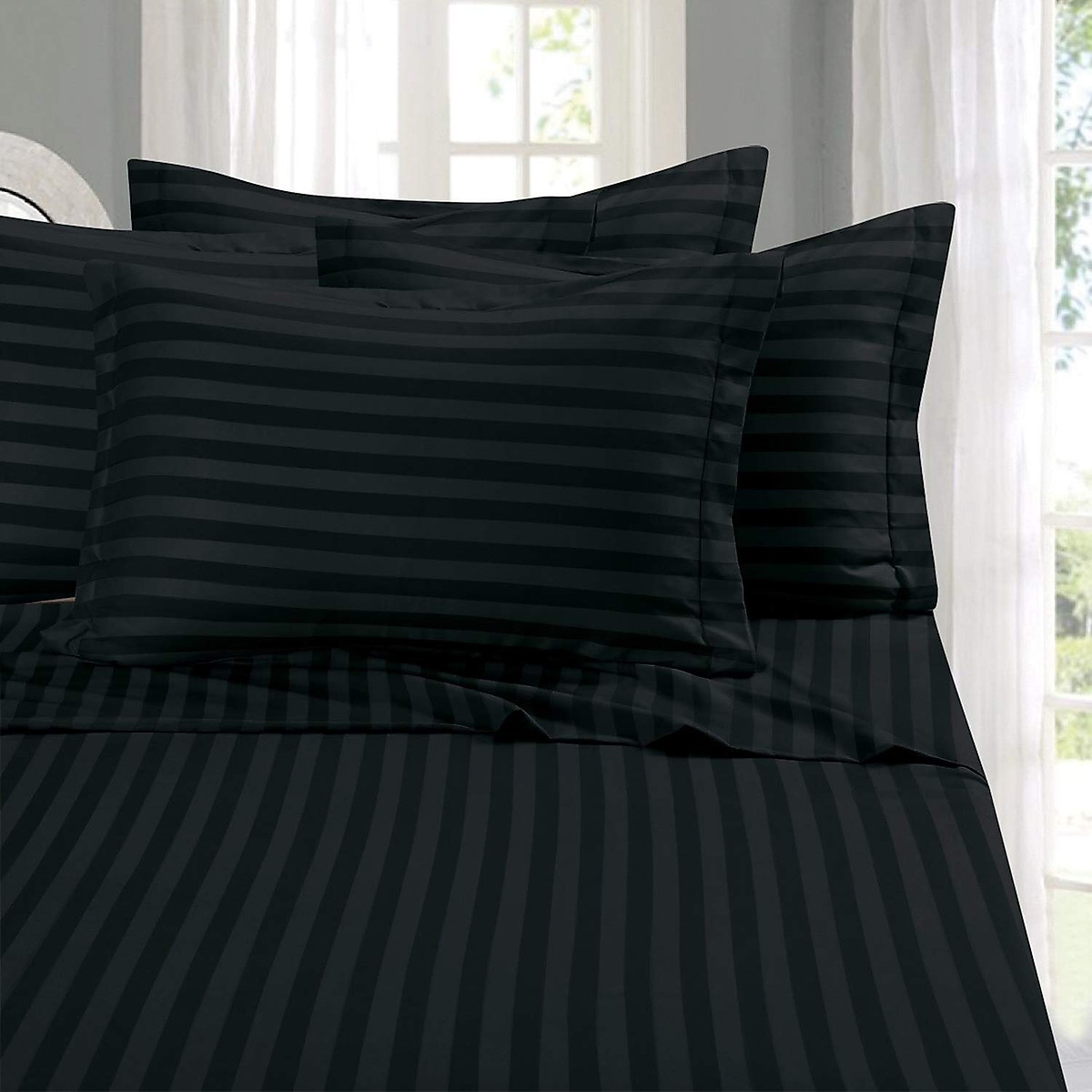 Elegant Comfort Best, Softest, Coziest 6-Piece Sheet Sets! - 1500 Premier Hotel Quality Luxurious Wrinkle Resistant 6-Piece Damask Stripe Bed Sheet Set, Full Black