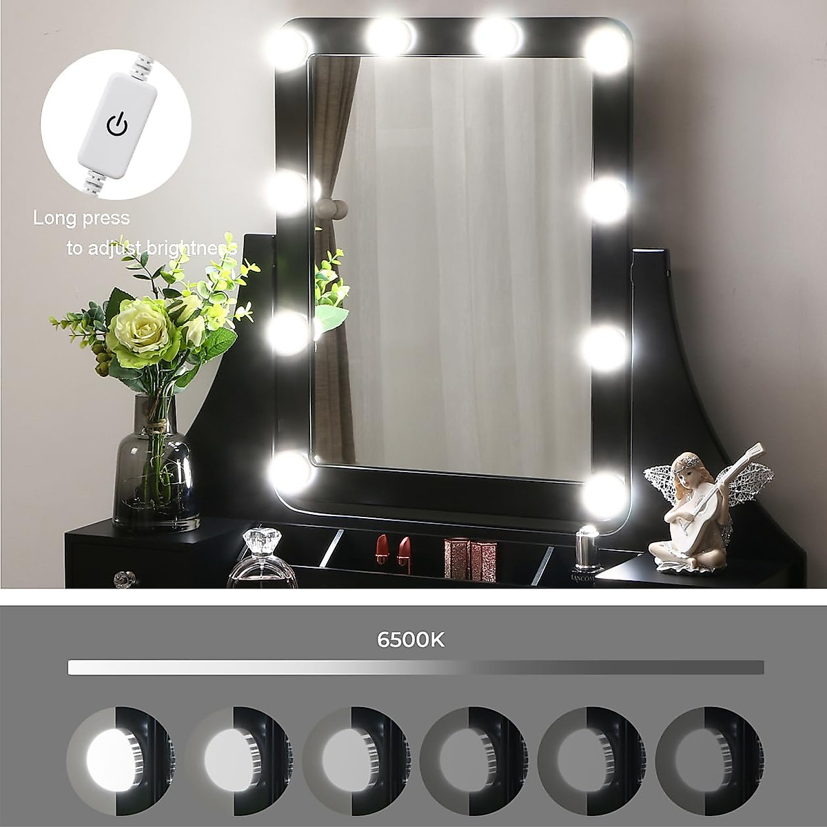 BEWISHOME Vanity Set with Lighted Mirror, 10 LED Dimmable Bulbs, Cushioned Stool, Makeup Vanity Makeup Table Dressing Table 5 Drawers 2 Dividers Removable Organizers Black FST08H