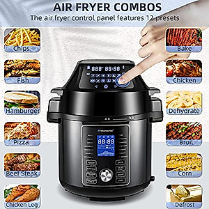 Transonic OPA160 Pressure Cooker Air Fryer Combo, 6 Quart 1500W Multi Cooker Pressure Cooker Air Fryer, All in 1 Pressure Cooker with Air Fryer Lid, Large LED Display, Black Metallic