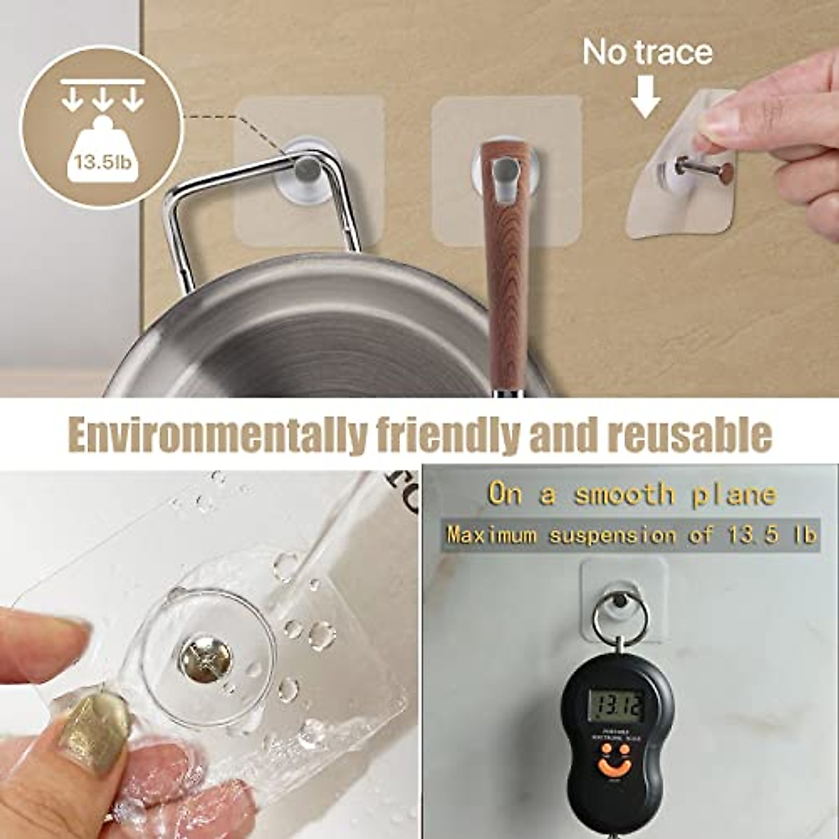 Ginmino Adhesive Wall Hooks Transparent Self Adhesive Hooks Stainless Steel Waterproof and Oilproofm,Suitable for Bathroom Kitchen,20 Pack