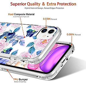 GiiKa iPhone 11 Case with Screen Protector, Clear Heavy Duty Protective Case Floral Girls Women Shockproof Hard PC Back Case with Slim TPU Bumper Cover Phone Case for iPhone 11, Pink Blue Flowers