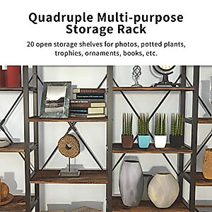 LAVIEVERT Quadruple Wide 5-Tier Bookcase Etagere Large Open Bookshelf Rustic Industrial Style Shelves with Metal Frame & Vintage Wood for Home & Office - Rustic Brown