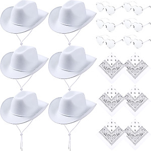 Coume 18 Pcs Cowboy Hat with Heart Sunglasses and Paisley Bandanas Western Cowgirl Hat for Halloween Cosplay Costume(White,Simple Style)