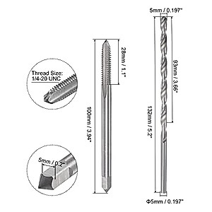 uxcell Tap & Bit Sets, 1/4-20 UNC H2 Straight Flute Machine Thread Milling Tap Extra Long, 5mm High Speed Steel (HSS) Twist Drill Bit