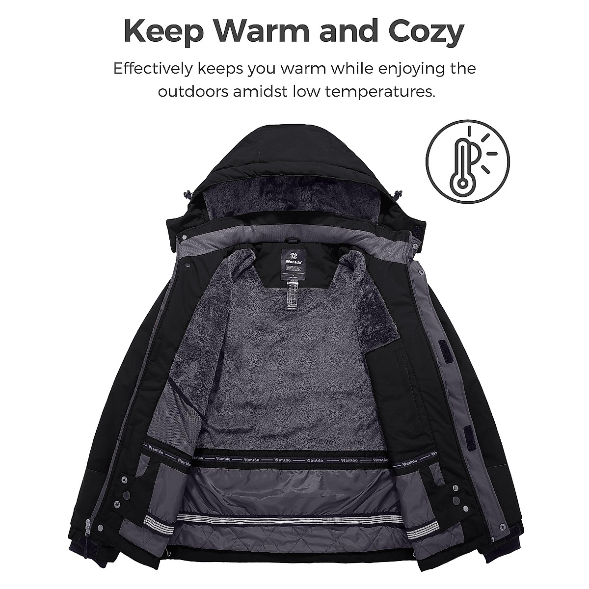 wantdo Men's Winter Hooded Ski Jacket Coat Waterproof Snowboard Jacket Black XL