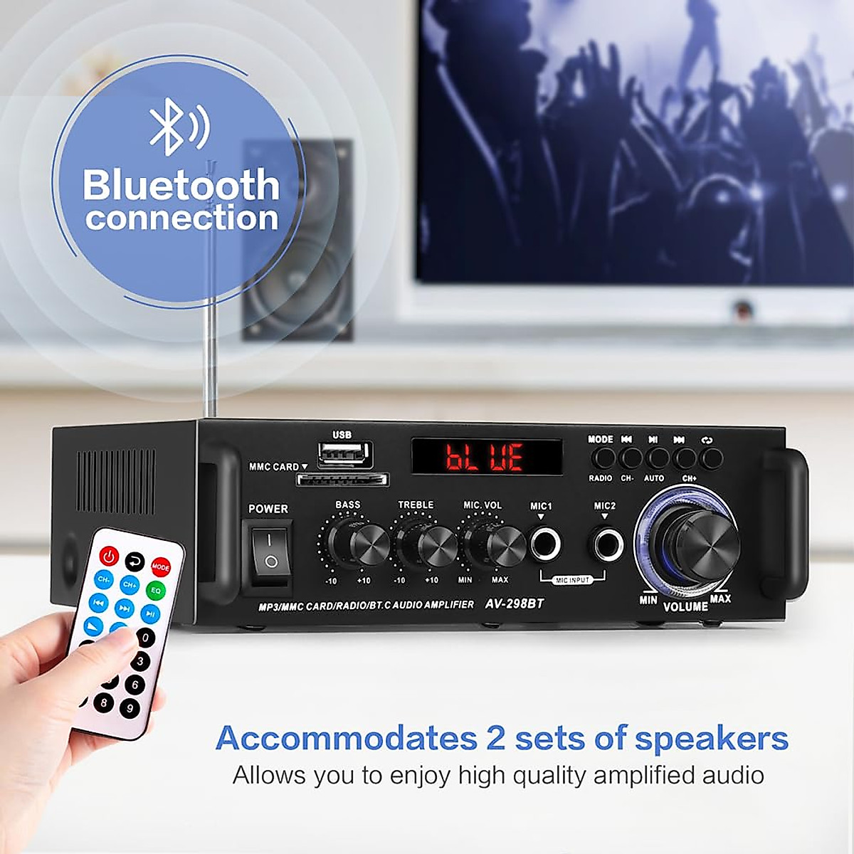 SOBATTY Home Audio Receivers & Amplifier HiFi Bluetooth Stereo Audio Amplifier Max 300Wx2 Wireless Bluetooth 5.0, RMS 40Wx2 Power Amp 2 Channel Stereo Receiver for Home Theater Speaker (BLACK1)