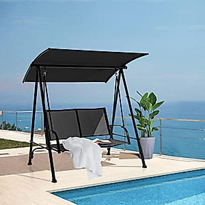 Tangkula 2 Person Porch Swing, Patio Swing with Adjustable Canopy, Comfortable Fabric Seat & Heavy-Duty Steel Frame, Outdoor Canopy Swing for Patio, Garden, Poolside (Black)