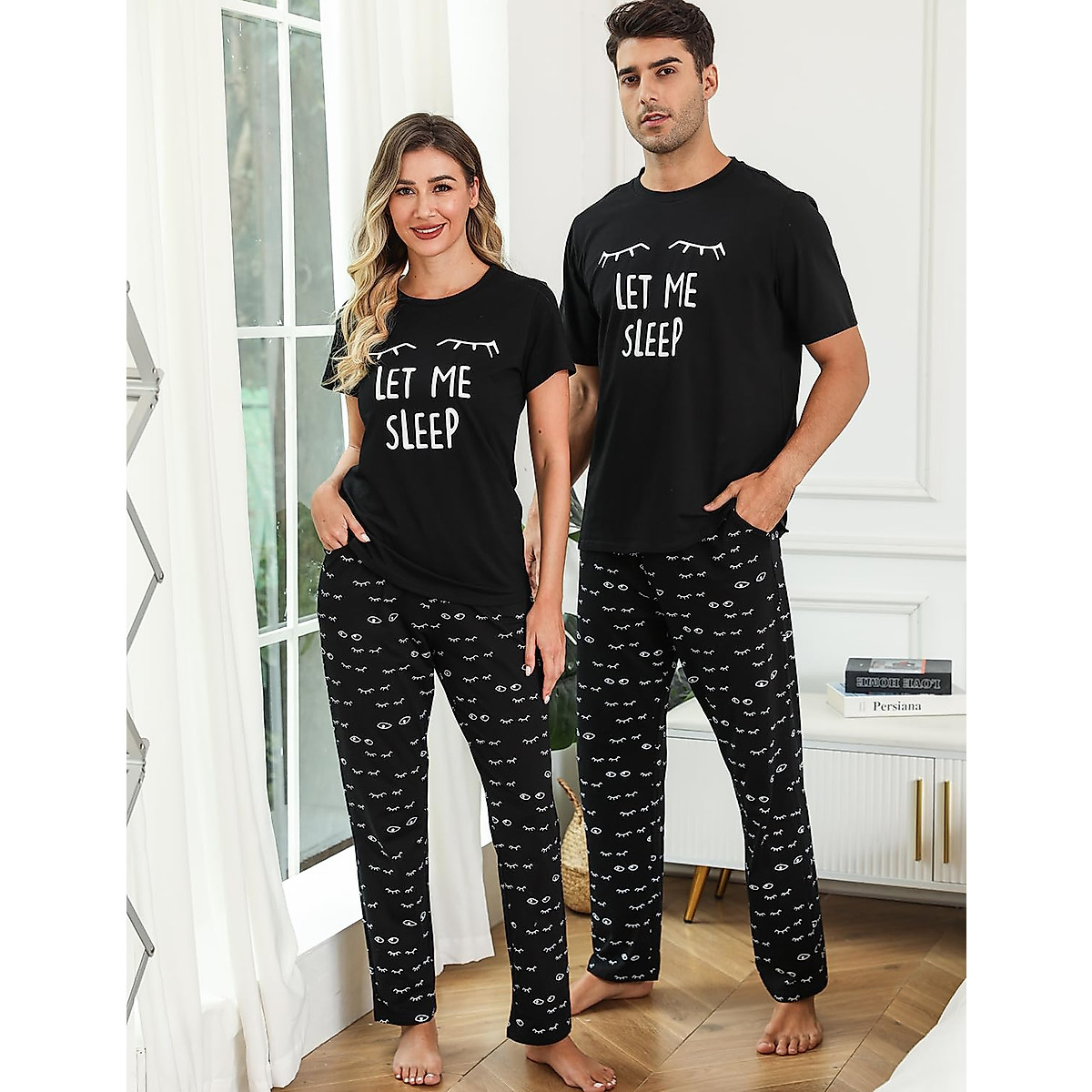 EISHOPEER Women's Pajama Set Printed Short Sleeve Top & Long Pants Sleepwear Pjs Sets Black S