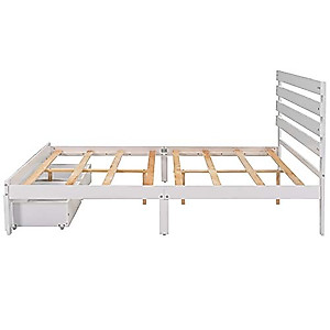 LCH Queen Size Murphy Bed with Storage Drawer and Little Shelves on Each Side, Solid Wood Queen Platform Bed Frame for Kids Teens Adults, No Box Spring Needed (White)