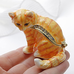 Vie jeune Hand Painted Enamel Cute Cat Trinket Box, Hinged Jewelry Box Unique Mini Ring Necklace Jewelry Organizer, Classical Bejeweled Storage, Figurine Collectible Keepsake Home Decor (Cat)