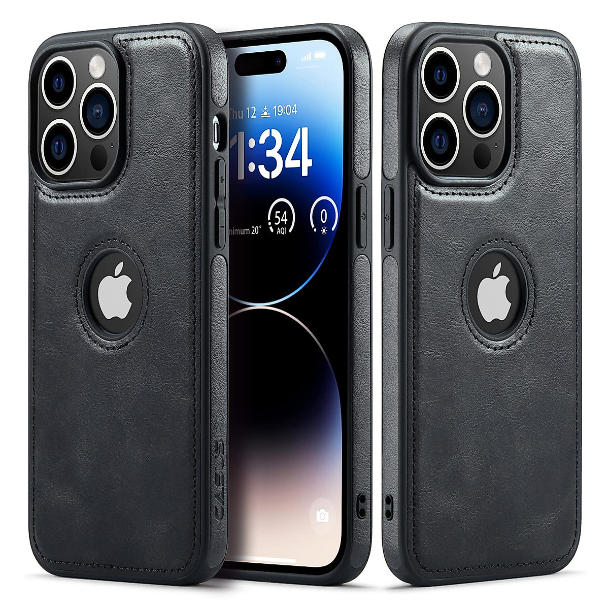 Casus Designed for iPhone 14 Pro Max Case Vegan Leather Slim Logo View Classic Luxury Elegant Thin Protective Cover (2022) 6.7" (Black)