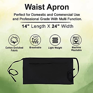 RUVANTI 6 Pack Server Aprons with 3 Pockets - Waitress Waiter Waist Apron, Half Apron with Long Waist Strap, Waitress Apron for Women and Man - Black Short Aprons