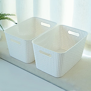 MBKO Plastic Storage Basket - Kitchen Office Pantry Organizer Bins (Large-4PK, White)