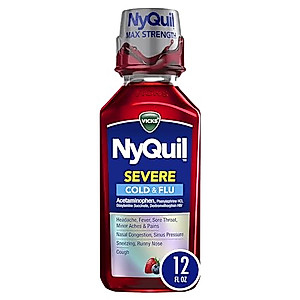Vicks NyQuil SEVERE Cold and Flu Relief Liquid Berry Flavored Medicine, Maximum Strength, 9-Symptom Nighttime Relief For Fever, Sore Throat, Nasal Congestion, Sinus Pressure, Sneezing, Cough, 12 FL OZ