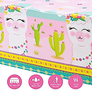 WERNNSAI Llama Table Cover - 108'' x 54'' Party Disposable Plastic Tablecloth Alpaca Lama Party Supplies for Kids Girls Pink Birthday Party Decorations