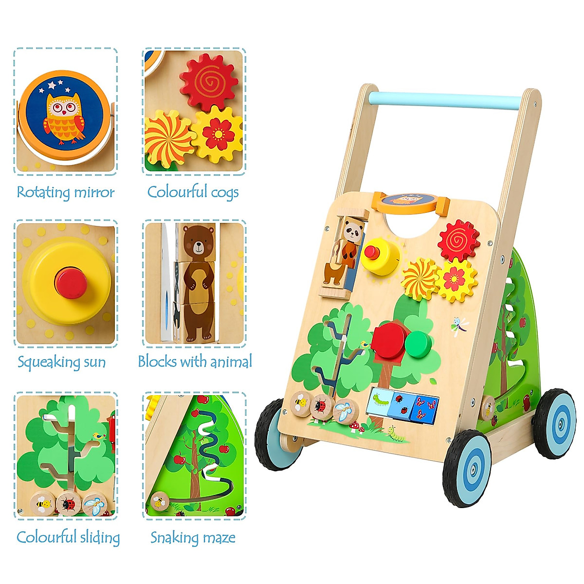 Wooden Baby Walker, Activity Walker, Toddler Push Walking Toy, Learning Activity Stroller, Sit to Stand Walker for Girls and Boys 1-3 Years Old