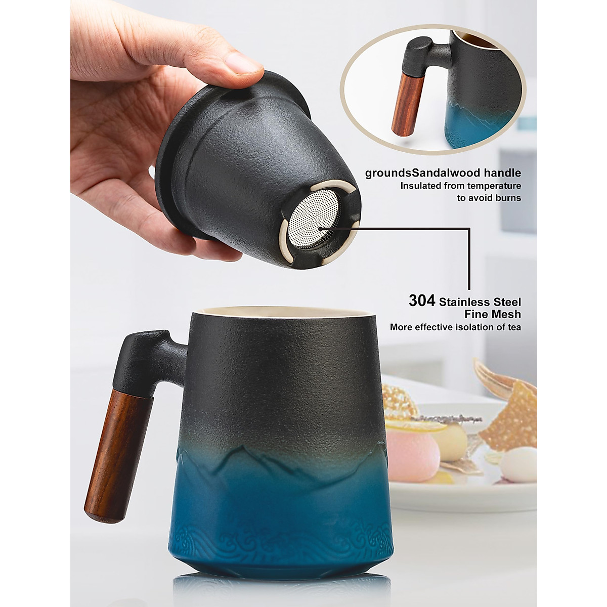 suyika Tea Cup with Infuser and Lid, 15.2 Ounce Wood Handle Ceramic Loose Leaf Tea Mug,Embossed Tea Steeping Mug for Gifts, Gradient Black&Blue 450ml
