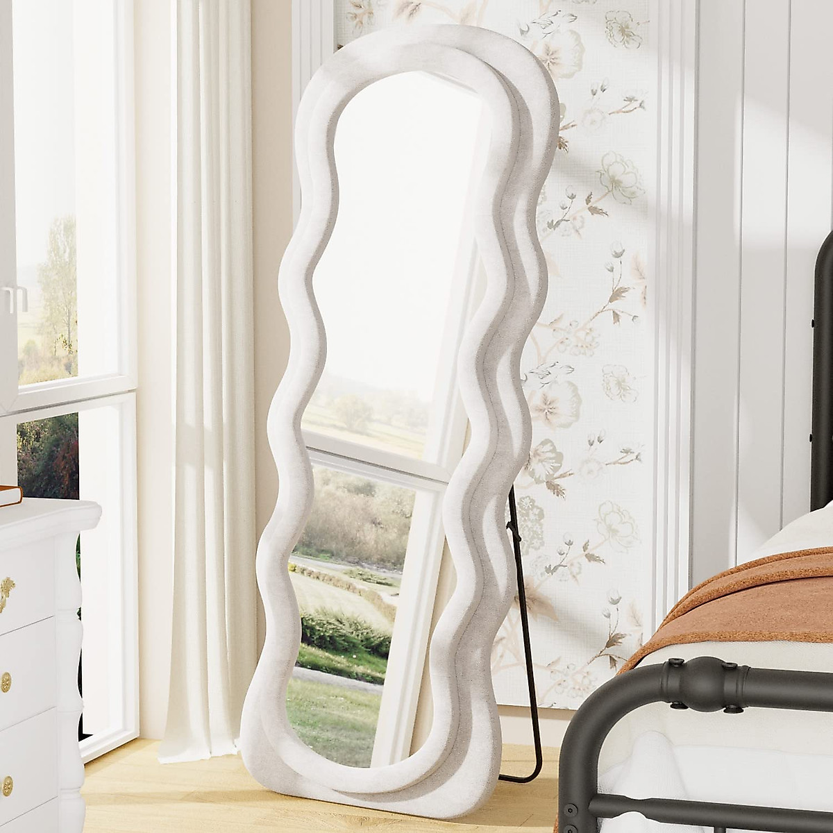 TinyTimes 63" x 24" Wavy Full Length Mirror, Irregular Floor Mirror, Freestanding, Flannel Frame, Fashion Modern Design Wavy Wall Mirror, Large Wall Mirror-White